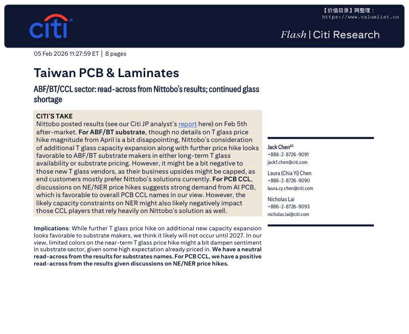 花旗-台湾PCB与覆铜板行业：从日东电工业绩推演；玻璃短缺持续-Taiwan PCB&Laminates ABF_BT_CCL sector ...